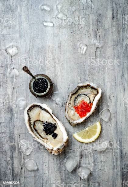 붉은 연어와 검은 철갑 상어 캐 비어와 회색 콘크리트 바탕에 얼음에 레몬 굴을 열었습니다 평면도 평평 하다 복사 공간 캐비어에 대한 스톡 사진 및 기타 이미지 Istock