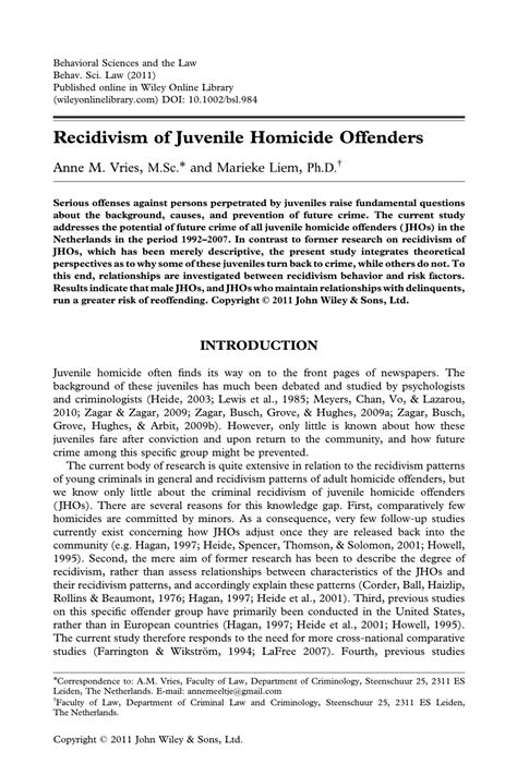 Pdf Recidivism Of Juvenile Homicide Offenders