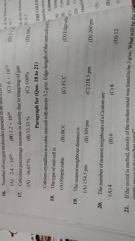 16 Number Of Oxygen Molecules Present 1 A 2 4×1024 B 1 2×1024 C 6×