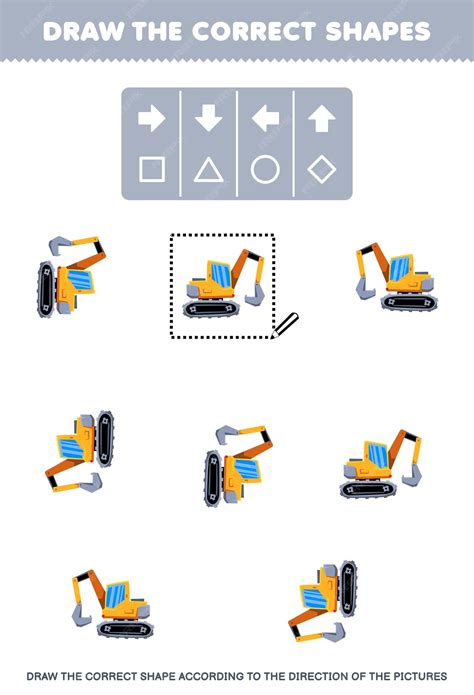 어린이를 위한 교육 게임은 귀여운 만화 굴삭기 그림의 인쇄 가능한 운송 워크시트의 방향에 따라 올바른 모양을 그립니다 프리미엄 벡터
