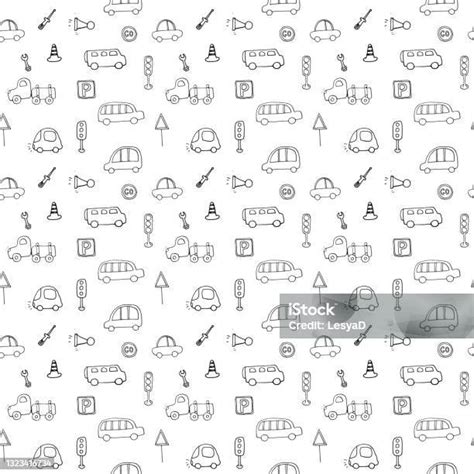 귀여운 자동차 원활한 패턴 만화 교통 낙서 배경 벡터 일러스트 고속도로에 대한 스톡 벡터 아트 및 기타 이미지 고속도로 관목 교통 Istock