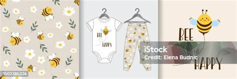 귀여운 꿀벌과 꽃이 있는 아이를 위한 매끄러운 패턴 귀여운 디자인의 잠옷 옷 티셔츠 프린트 아이 옷 패션 포장 방 생일 장식2에 대한 아기 배경 0명에 대한 스톡 벡터 아트