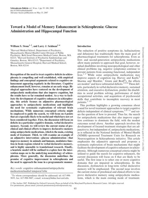 Toward A Model Of Memory Enhancement In Schizophrenia Glucose Administration And Hippocampal