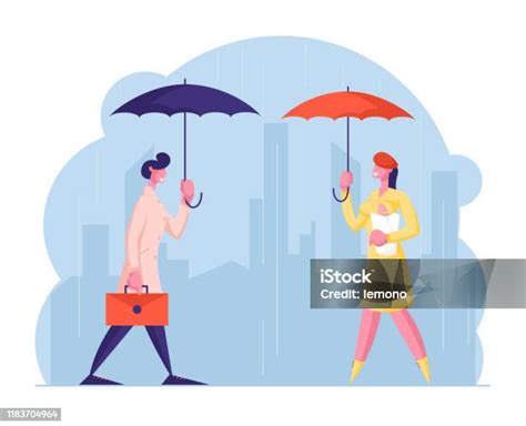 젖은 비오는 가을 이나 봄 날씨에 도시 행인에 의해 행복 흠뻑 젖은 사람들 우산 산책 빵과 서류 가방 여자와 남자 하늘 만화