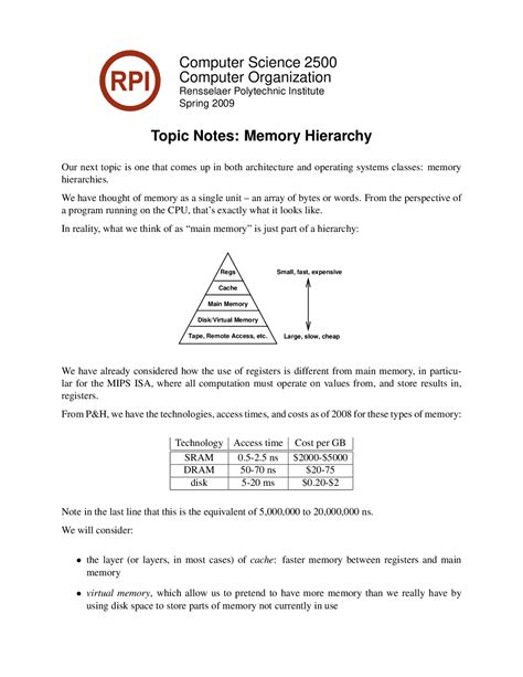 Memory Hierarchy In Computer Organization Csci 2500 Docsity