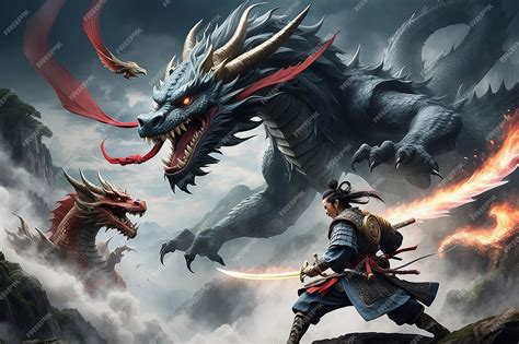 Brave Samurai Warrior With Sword Attacks A Japanese Fantasy Dragon