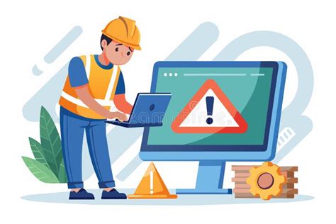 A Construction Worker Addresses A Website Error While Using A Laptop Next To A Warning Sign And