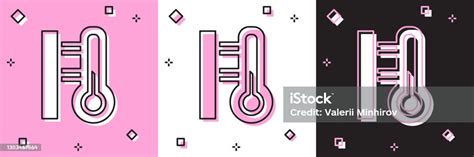 분홍색과 흰색 검은 색 배경에 격리 된 기상 온도계 측정 아이콘을 설정합니다 온도계 장비는 덥거나 추운 날씨를 표시합니다 벡터 0명에 대한 스톡 벡터 아트 및 기타 이미지
