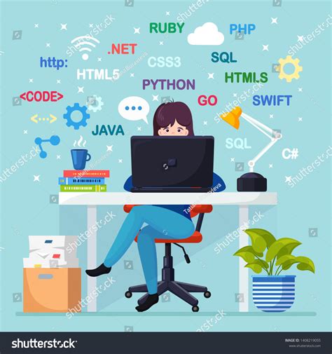 Programming Coding Programmer Sitting Desk Working Stock Vector