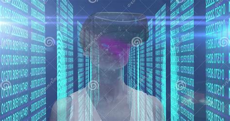 image of caucasian woman with vr headset over binary coding stock