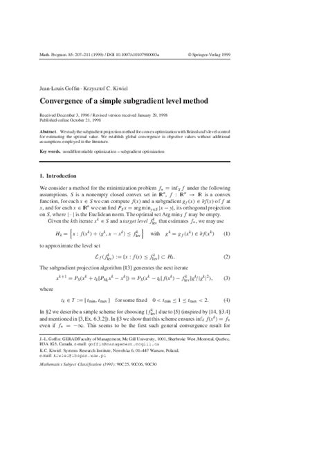 Pdf Convergence Of A Simple Subgradient Level Method