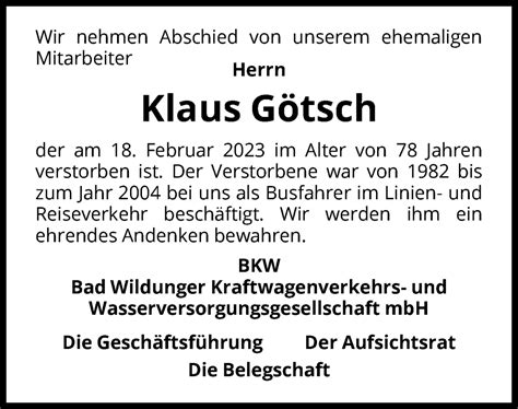 Traueranzeigen Von Klaus Götsch Trauer Wlz Online De
