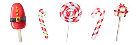 크리스마스 사탕 지팡이와 아이스크림 그림의 수채화 세트 새해 손으로 그림을 그리는 막대 사탕은 하얀 배경에 분리되어 있다 디자이너 음식 장식 메뉴 상점 엽서 포장지 표지