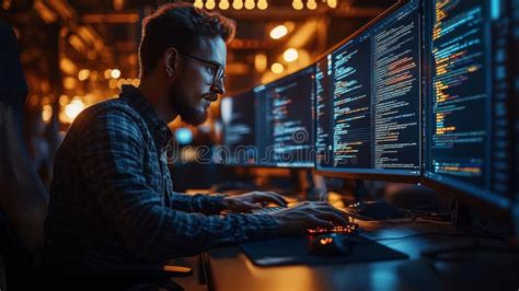 Focused Programmer Coding Late At Night Stock Illustration