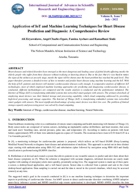 pdf application of iot and machine learning techniques for heart