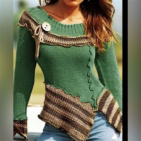 Beautiful Fall Sweater Green With Browntan Size L Womens Sweaters