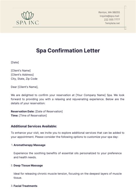 Spa Confirmation Letter Template Edit Online And Download Example