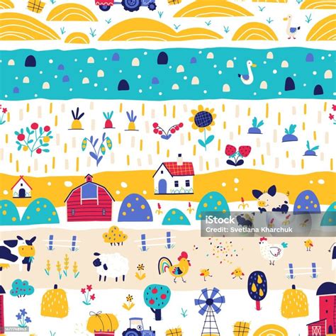 농장 만화 원활한 패턴입니다 가축 시골 집 헛간을 트랙터와 정원으로 재미있게 손으로 그린 캐릭터를 출력한다 트렌디한 낙서 스타일