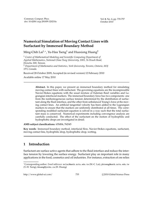 Pdf Numerical Simulation Of Moving Contact Lines With Surfactant By Immersed Boundary Method