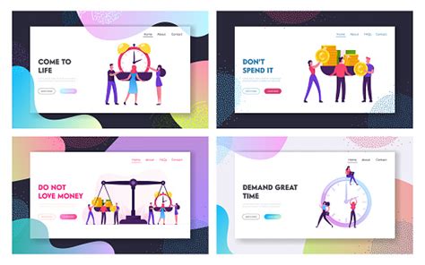 시간 및 돈 웹 사이트 방문 페이지 세트 거대한 저울에 시계와 동전의 스택을 무게 사업가 시계 의 주위에 여성 삶의 균형 웹 페이지 배너 만화 플랫 벡터 일러스트 개념에