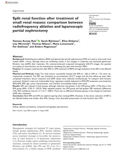 Pdf Split Renal Function After Treatment Of Small Renal Masses Comparison Between