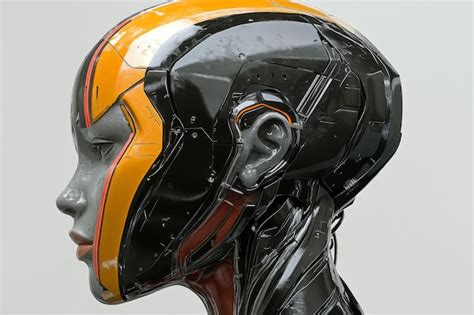 Yellowaccented Robotic Head With A Black Helmet Showcasing Futuristic Design And Advanced