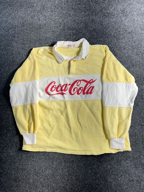 Vintage 80s Coca Cola Rugby Shirt Yellow Large Striped Preppy Large
