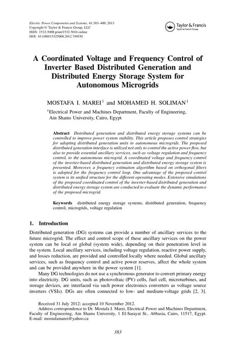 Pdf A Coordinated Voltage And Frequency Control Of Inverter Based Distributed Generation And
