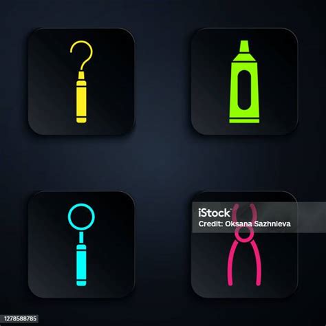 치과 펜치 치아용 치과 익스플로러 스케일러 치과 검사 거울 및 치약 튜브를 설정합니다 검은 색 사각형 버튼 벡터 강철에 대한