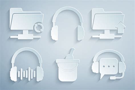 양동이에 와인 한 병 Ftp 폴더 업로드 헤드폰 및 음파 말풍선이 있는 헤드폰 동기화 새로 고침 아이콘을 설정합니다 벡터 3차원 형태에 대한 스톡 벡터 아트 및 기타 이미지