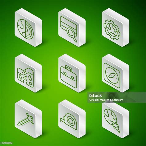 지구본 룰렛 건설 지구 코어 구조 지각 서류 가방 지질 단층 토양 분석 건설 착암기 및 나침반 아이콘이 있는 돋보기를 설정합니다 벡터 3차원 형태에 대한 스톡 벡터 아트 및