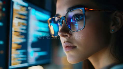 Close Up Of Woman With Glasses Focused On Programming Code On Computer