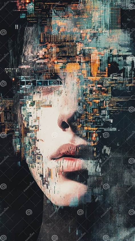 Abstract Digital Portrait Of A Fragmented Face Composed Of Data And Pixels Highlights