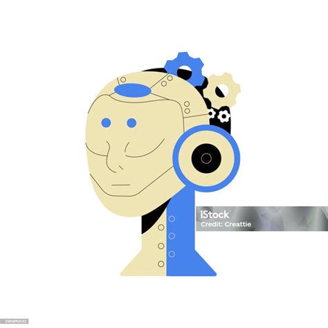 기어와 회로가 있는 인간적인 인공 지능 로봇 머리 인공 지능 로봇 공학 및 기술을 상징하는 평면 벡터 일러스트레이션 흰색 배경에 고립되어 있습니다 가상현실에 대한 스톡 벡터