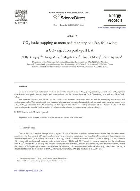 Pdf Co2 Ionic Trapping At Meta Sedimentary Aquifer Following A Co2