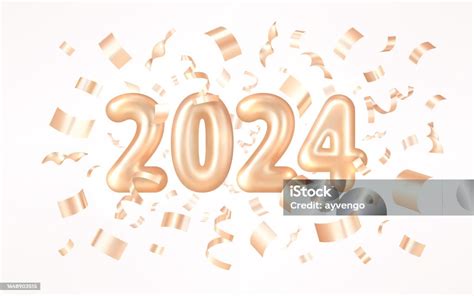 새해 복 많이 받으세요 2024 인사말 카드 흰색 배경에 분리된 황금색 색종이가 있는 풍선에서 금색 번호 2024 축제 장식 현대적인 장식 사실적인 3d 벡터 장식 12월에