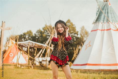 Young Beautiful Girl Smiling On Background Teepee Tipi Native Indian House Pretty Girl In Hat