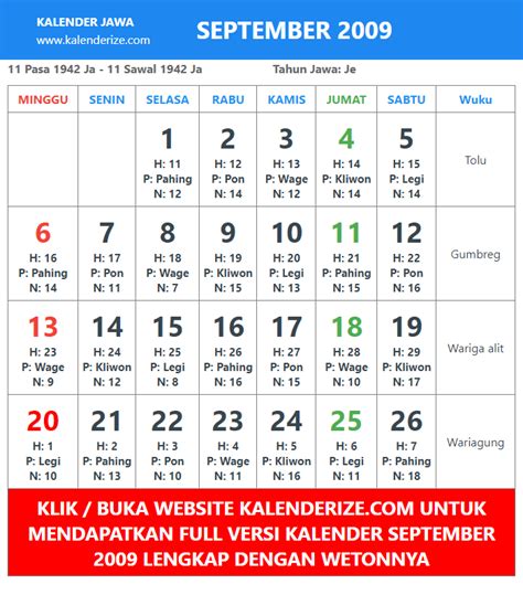 Kalender Jawa Tahun 2009 Lengkap Dengan Weton Kalenderize