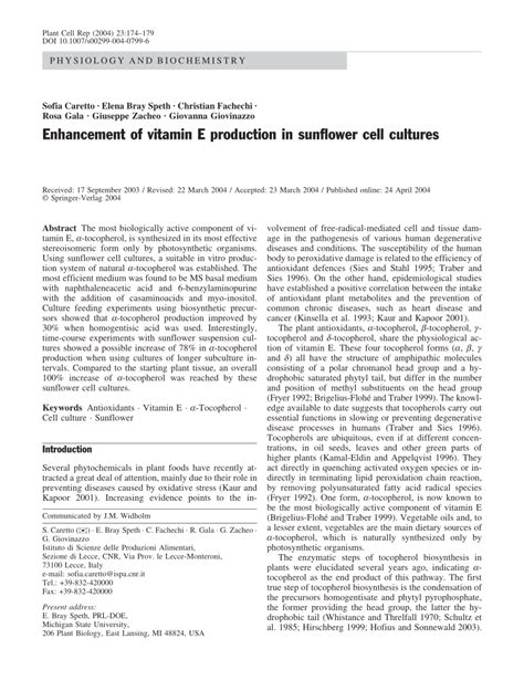 Pdf Enhancement Of Vitamin E Production In Sunflower Cell Culture