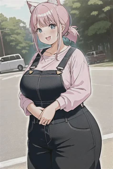 Dopamine Girl 1girl Fat Catgirl Mid 20s Smile Pink Hair Blue