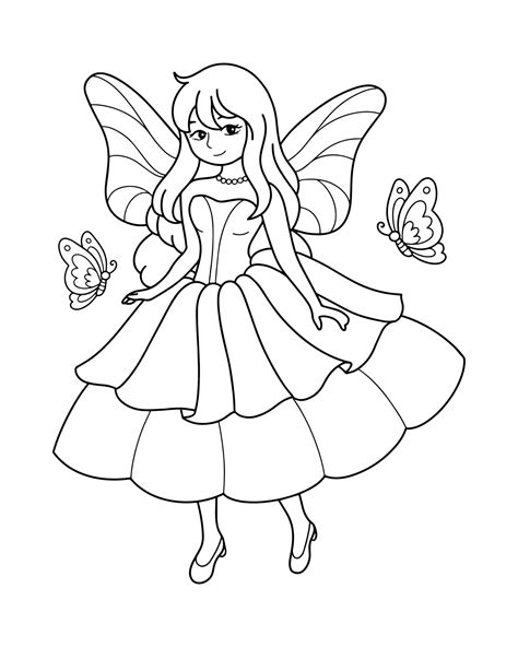 Fada Linda Princesa Com Ilustração De Página Para Colorir De Borboleta