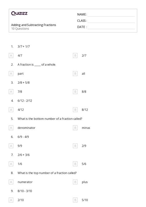 50 Subtracting Fractions Worksheets For Kindergarten On Quizizz Free And Printable