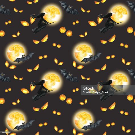 해피 할로윈 완벽 한 패턴 배경입니다 악마의 눈 풀 문 마녀 비행입니다 수채화 그림 10월에 대한 스톡 벡터 아트 및 기타