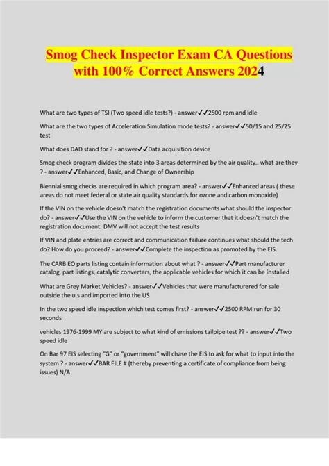 Smog Check Inspector Exam Ca Questions With 100 Correct Answers 2024 Smog Check Inspector