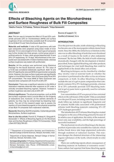 Pdf Effects Of Bleaching Agents On The Microhardness And Surface Roughness Of Bulk Fill Composites