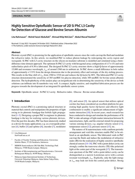 Highly Sensitive Optofluidic Sensor Of 2d Si Phc L3 Cavity For Detection Of Glucose And Bovine