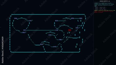 Neon Ascii World Map Interface Simulating Global Network Access Nodes Light Up Showing