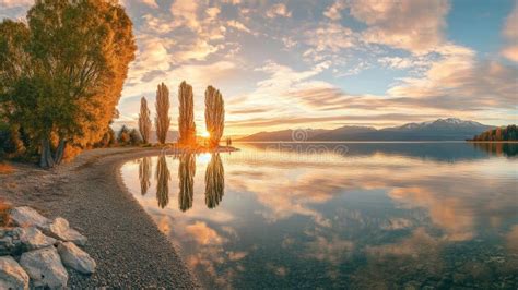 Breathtaking Sunrise Over Tranquil Lake Golden Rays Reflecting On Water With Serene Atmosphere