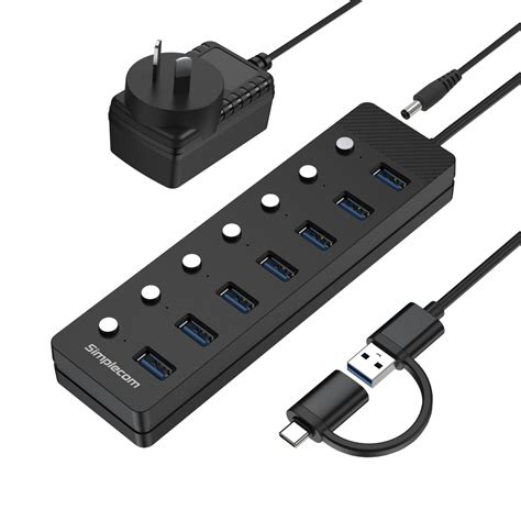 Simplecom CH C USB A And USB C To Port USB Hub Gbps Individual Switches And Power Adapter