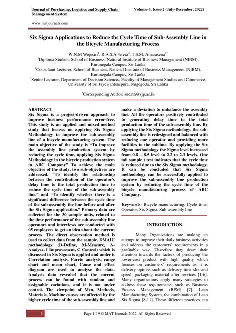 Pdf Six Sigma Applications To Reduce The Cycle Time Of Sub Assembly